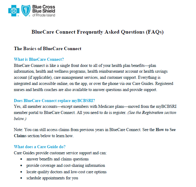 BlueCare Connect member service | BCBSRI